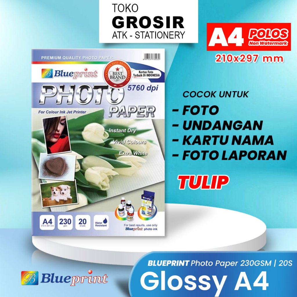 Jual Kertas Foto Glossy / Glossy Photo Paper BLUEPRINT A4 230 gsm Polos TULIP | Shopee Indonesia
