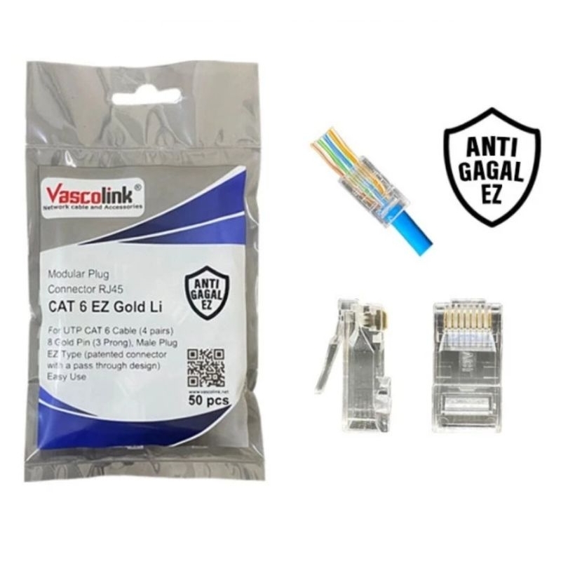 Jual Vascolink RJ45 Connector Cat6 Gold EZ li 1 Pack isi 50 Pcs ...