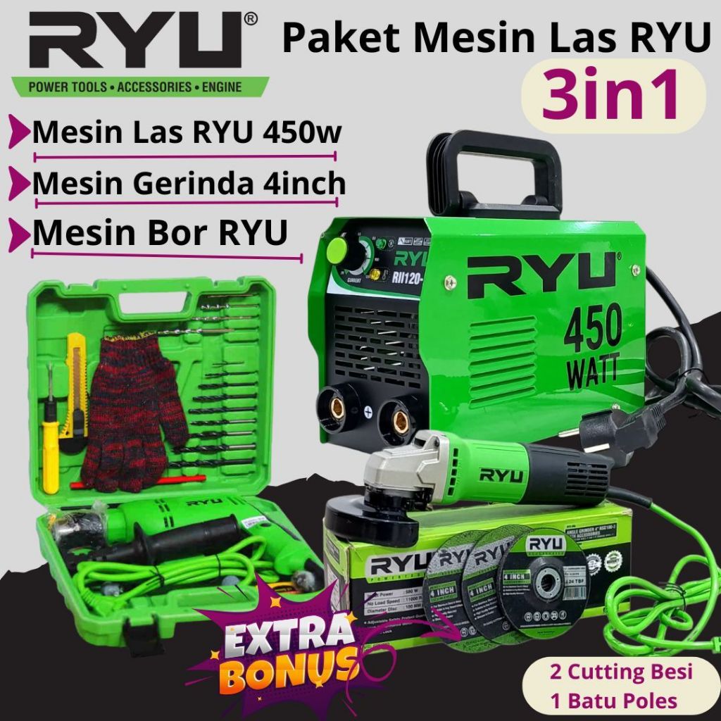 Jual PAKET LENGKAP RYU Mesin Las 450 Watt 120a Bor Koper Gerinda Tangan ...