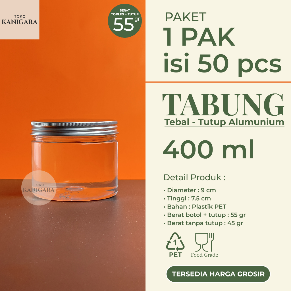 Jual Toples Tabung 400 ml TEBAL 1 PAK - TUTUP ALUMUNIUM - Isi 50 Pcs - Toples Plastik 400ml ...
