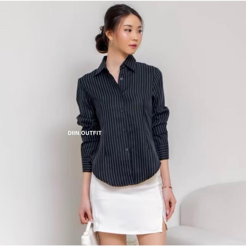 Jual Lusy Shirt Kemeja Stripe Fitted - Kemeja Wanita Garis Lengan Panjang Fit Body - Kemeja ...