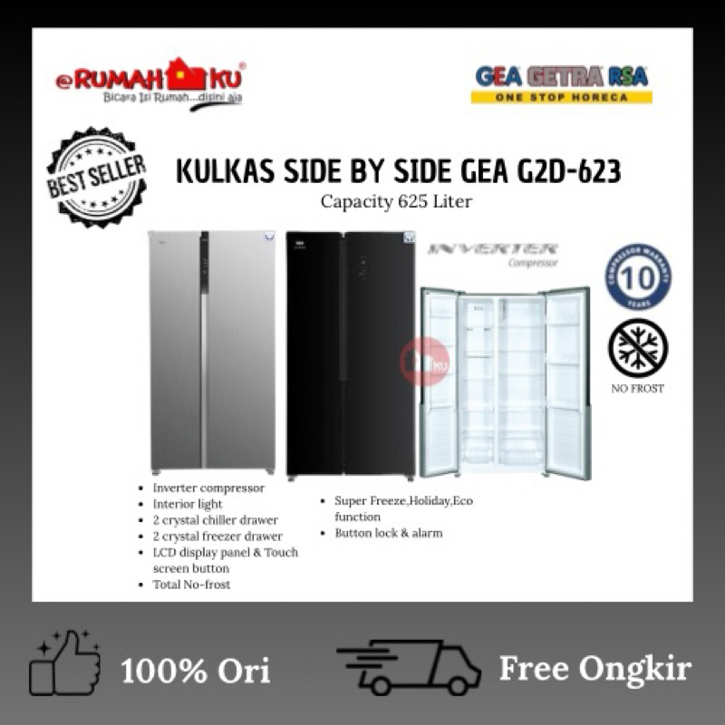 Jual GEA KULKAS SIDE BY SIDE G2D-623 INOX NO FROST/GEA KULKAS KAPASITAS 625 LITER/GEA KULKAS NO ...