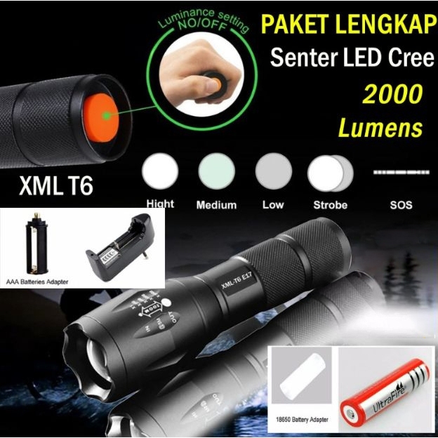 Jual Paket Senter LED Cree XM-L T6 2000 Lumens PLUS Baterai 18650 ...