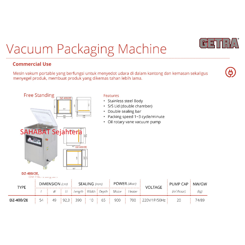 Jual GETRA Free Standing Vacuum Packaging Machine DZ400/2E | Mesin ...