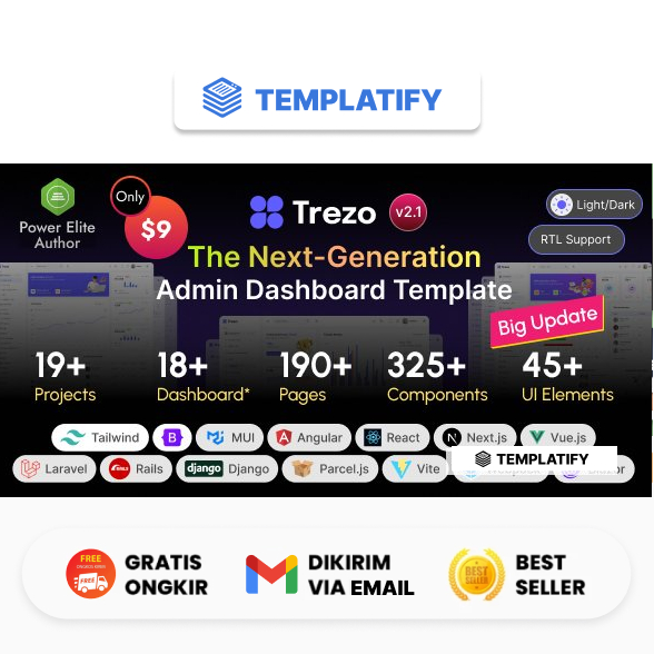 Jual Trezo - Tailwind, Bootstrap, Material, React, Angular, Vue, Laravel ASP.net Admin Dashboard ...