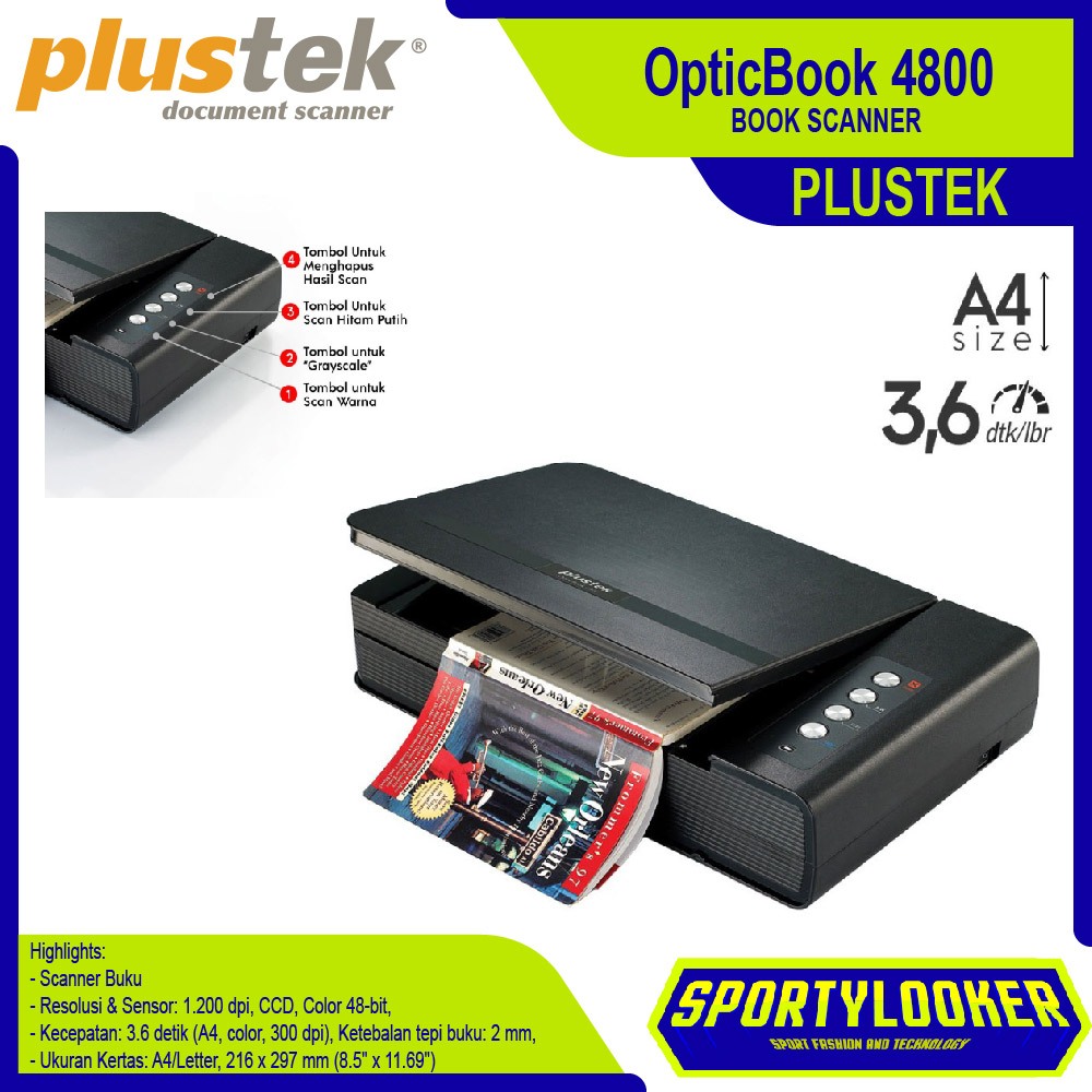 Jual Scanner Buku Plustek OpticBook 4800 Flatbed | A4 | 3,6 detik | Shopee Indonesia