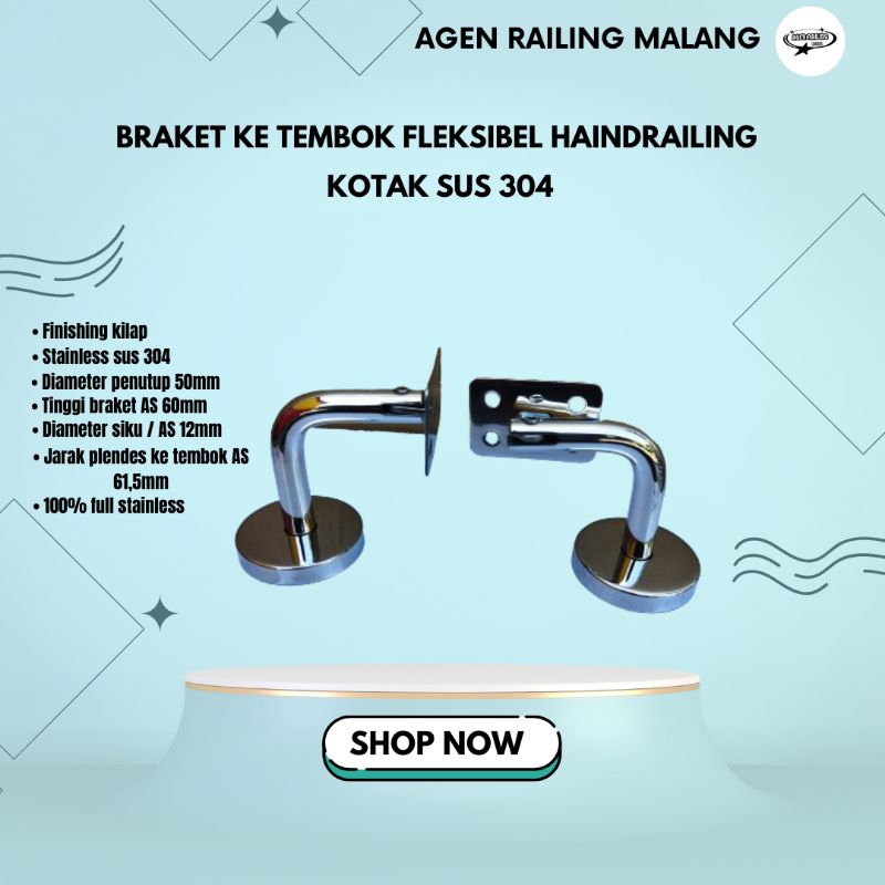 Jual Braket tembok fleksibel handrail kotak Ss304 railing tangga ...