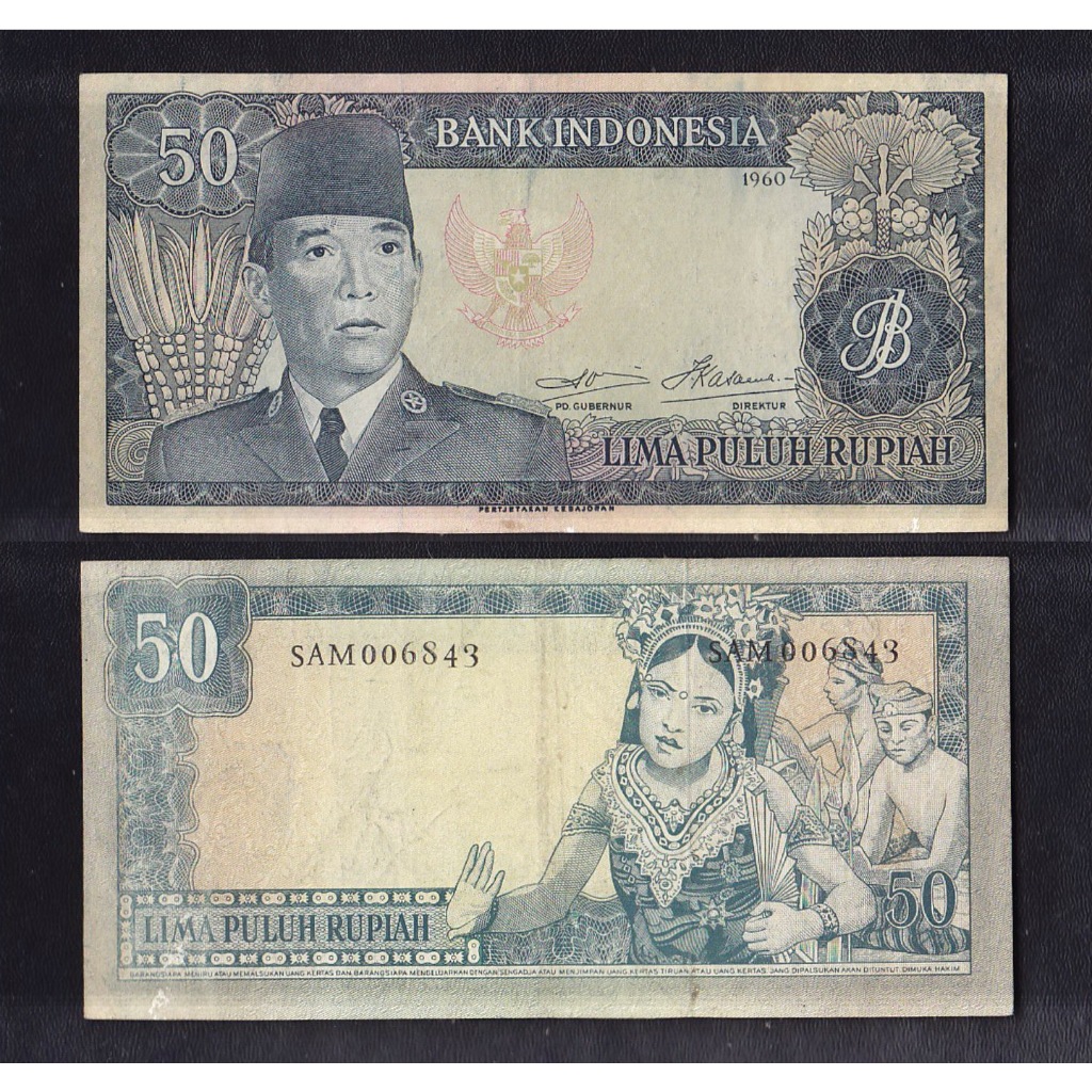Jual Uang kuno 50 rupiah seri Sukarno tahun 1960 "Watermark kepala Banteng S/N→ SAM006843 ...