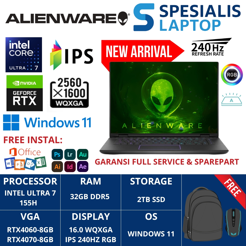 Jual Alienware M16 Intel Ultra 7 155H RAM 64GB DDR5 2TB SSD RTX4070-8GB ...