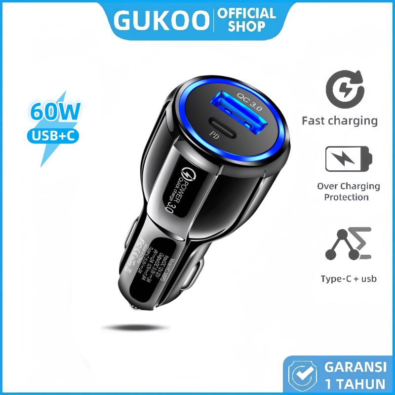 Jual GUKOO Charger Mobil Fast Charging 3A - Dual Port Type-C & USB, Cepat Isi Daya, Kompatibel ...