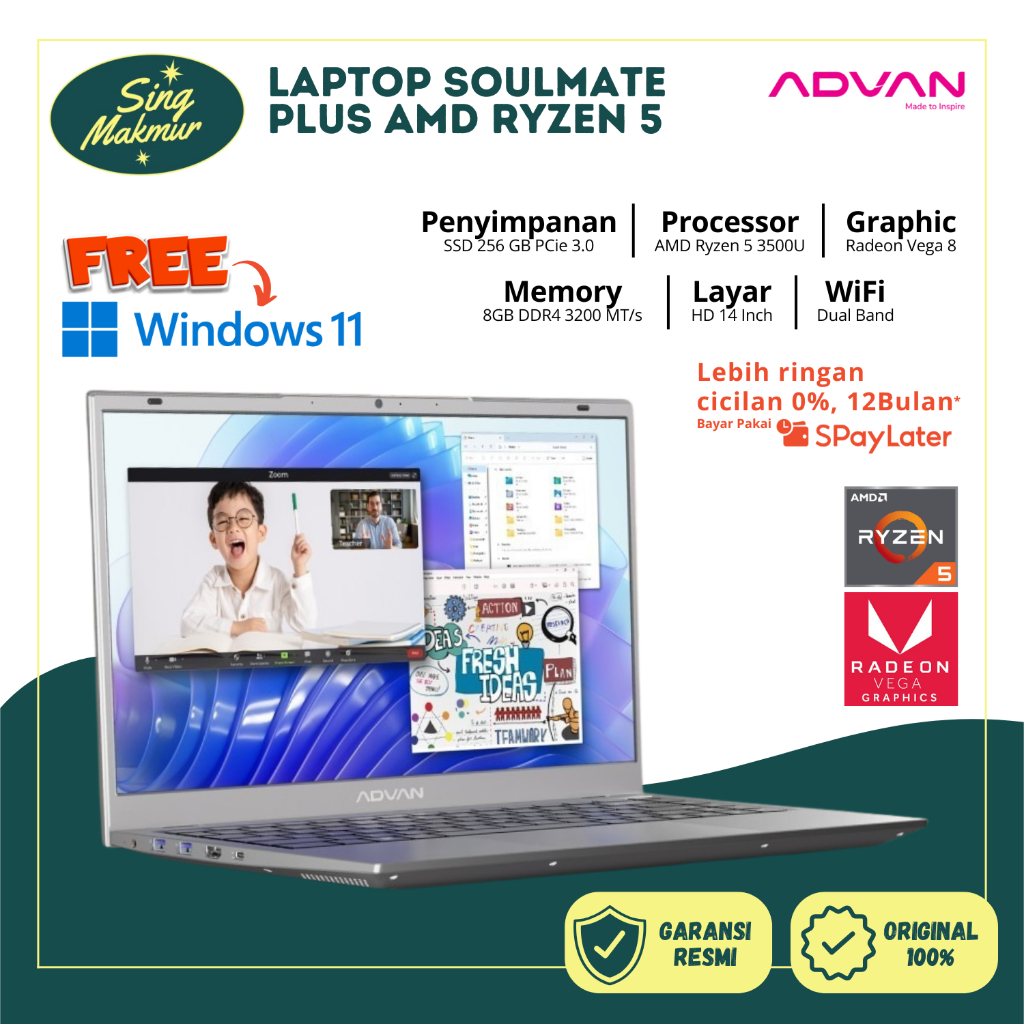 Jual ADVAN Laptop Soulmate PLUS AMD RYZEN 5 3500U 8GB 256GB FREE ...