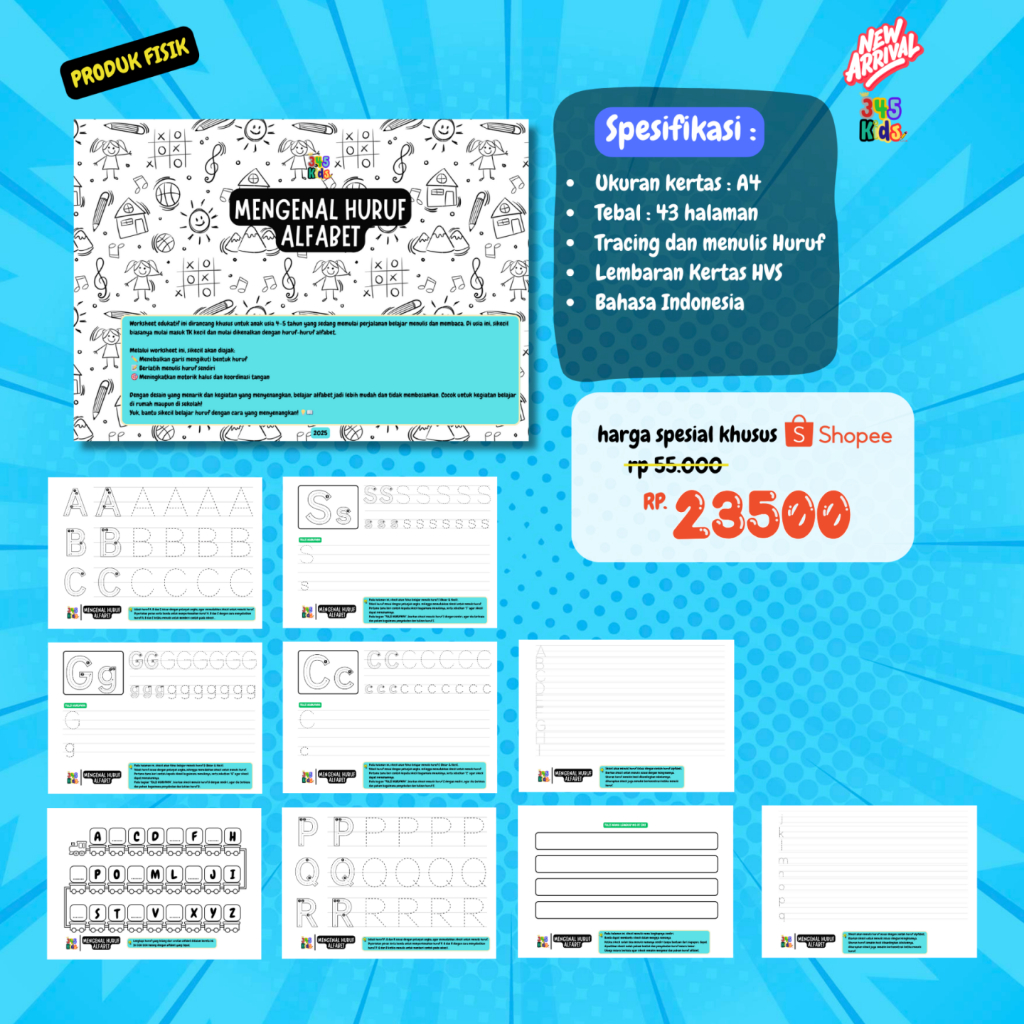Jual Worksheet Mengenal Huruf Alfabet Anak 345Kids | 43 Lembar A4 ...