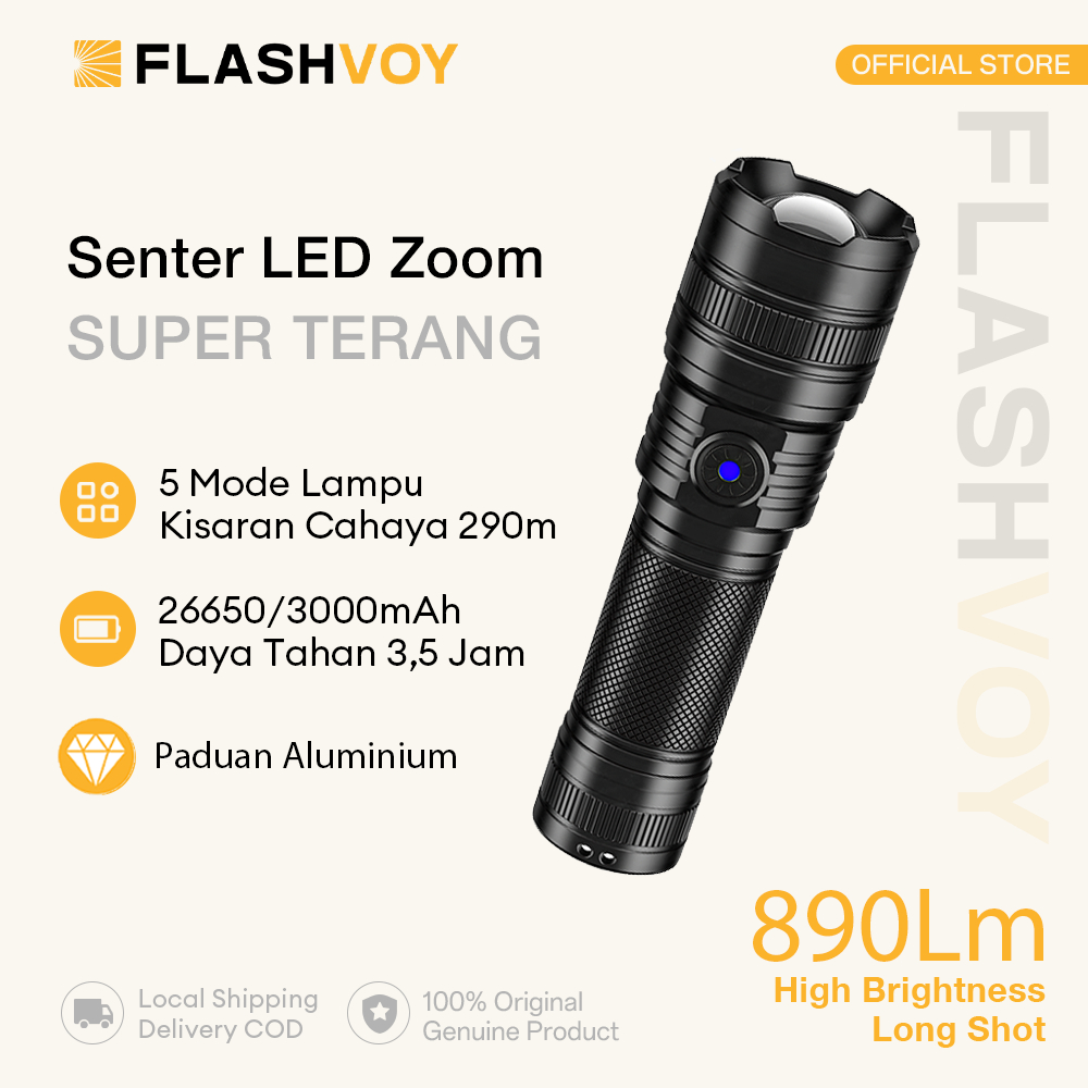 Jual Flashvoy L15 Senter LED Super Terang 15W Rechargeable Zoom Type-C Flashlight 5 Light Mode ...