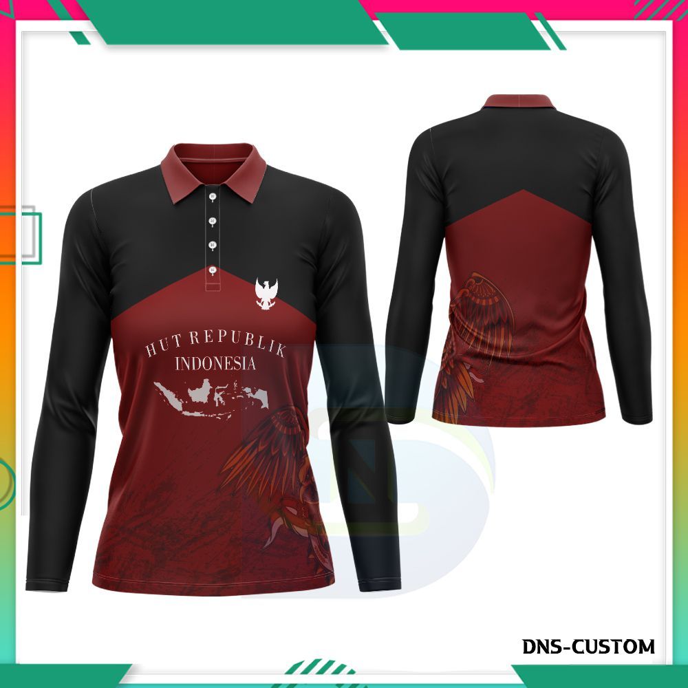 Jual Baju Kaos Wanita Lengan Panjang Berkerah 17 Agustus Dirgahayu HUT RI-80 Fullprint Indonesia ...