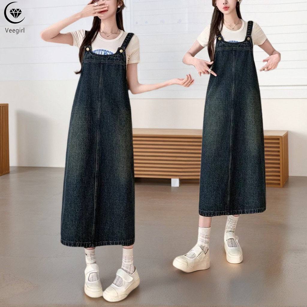 Jual Veegirl Overall Denim Wanita Kekinian Korean Style Rok Panjang ...
