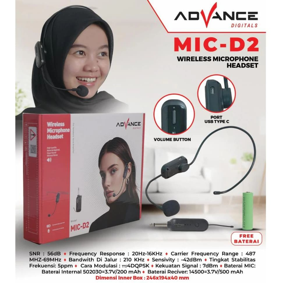 Jual Advance MIC-D2 Wireless Microphone Headset D-2 Microphone Bando ...