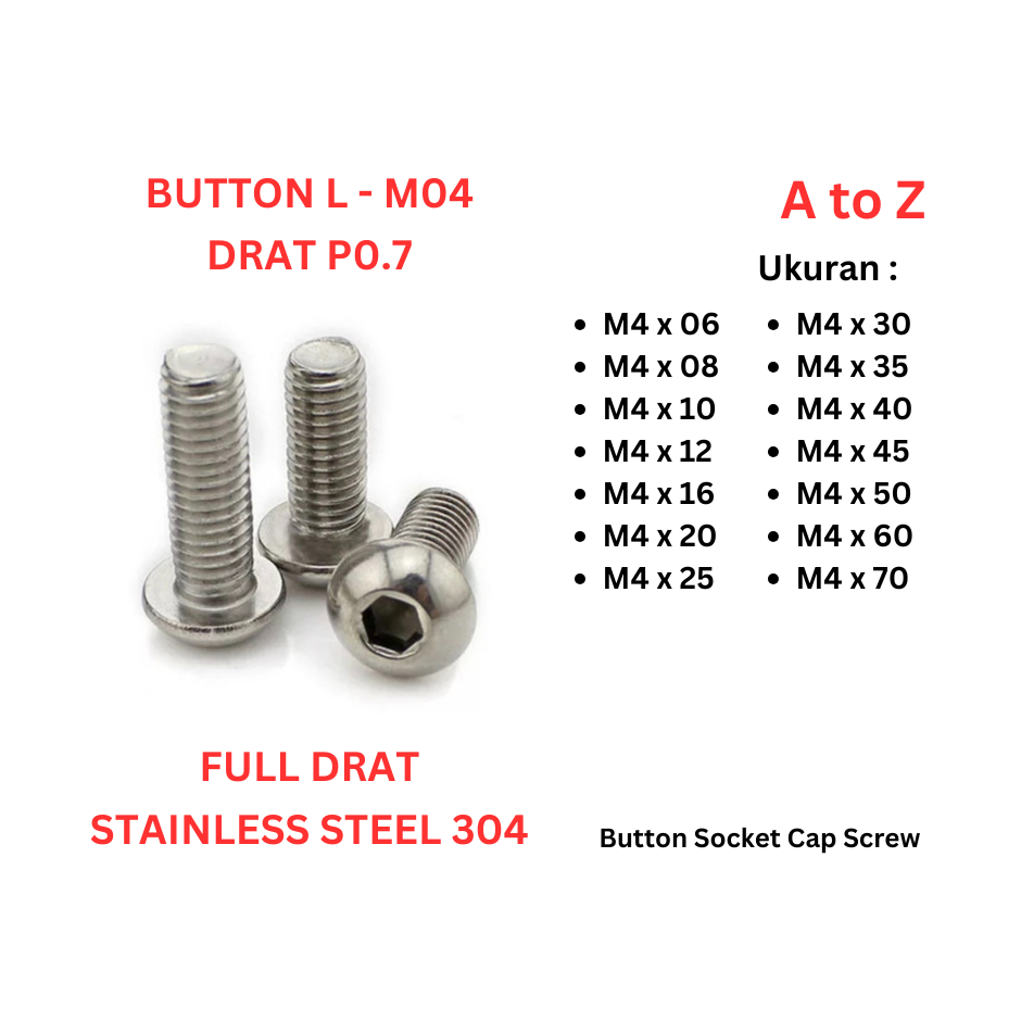 Jual Button L SS 304 M4 x 6 / 8 / 10 / 12 / 16 / 20 / 25 / 30 / 35 / 40 / 45 / 50 / 60 / 70 - P0 ...