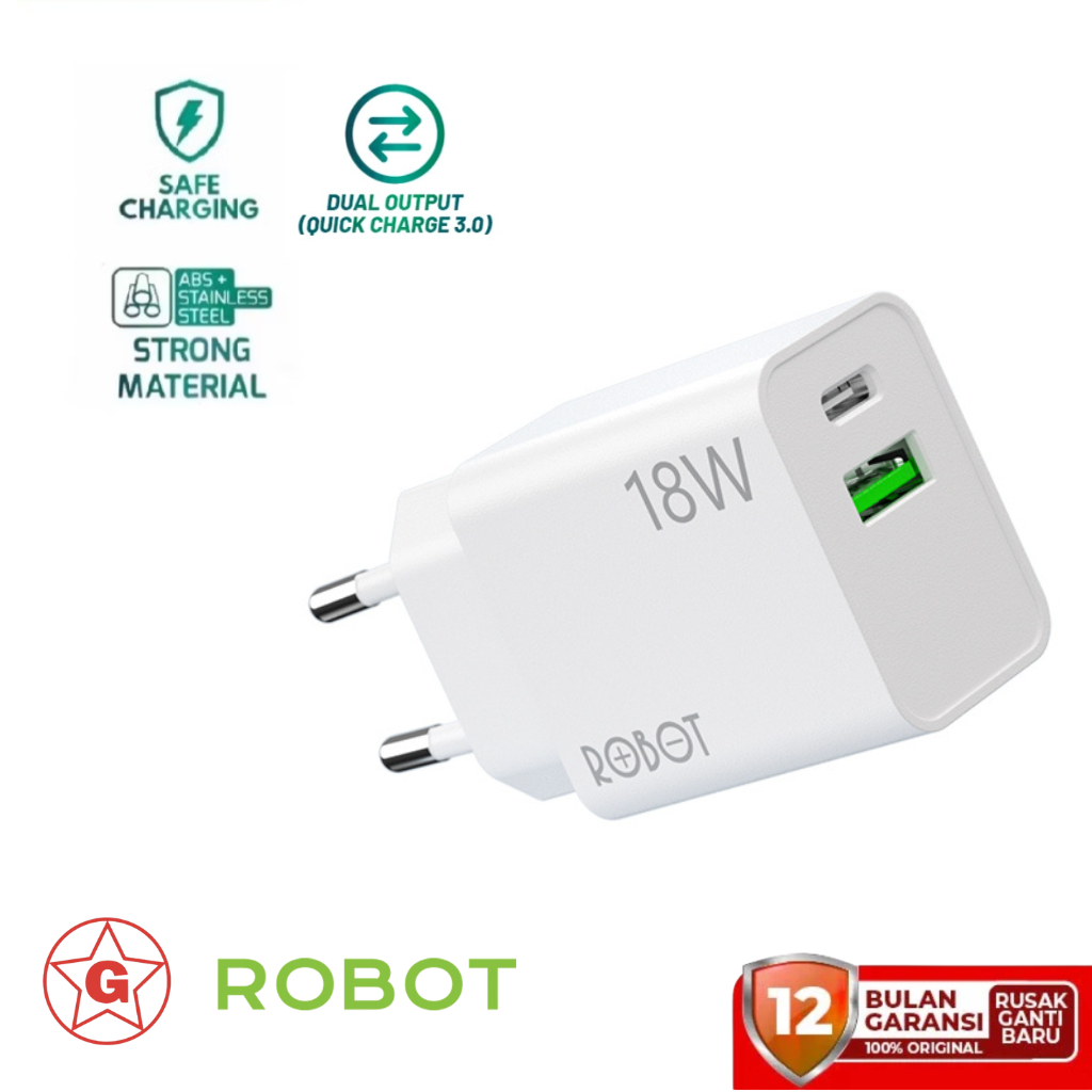 Jual ROBOT RT-F2 Kepala Charger Dual Port USB-C USB-A Fast Charging 3A ...