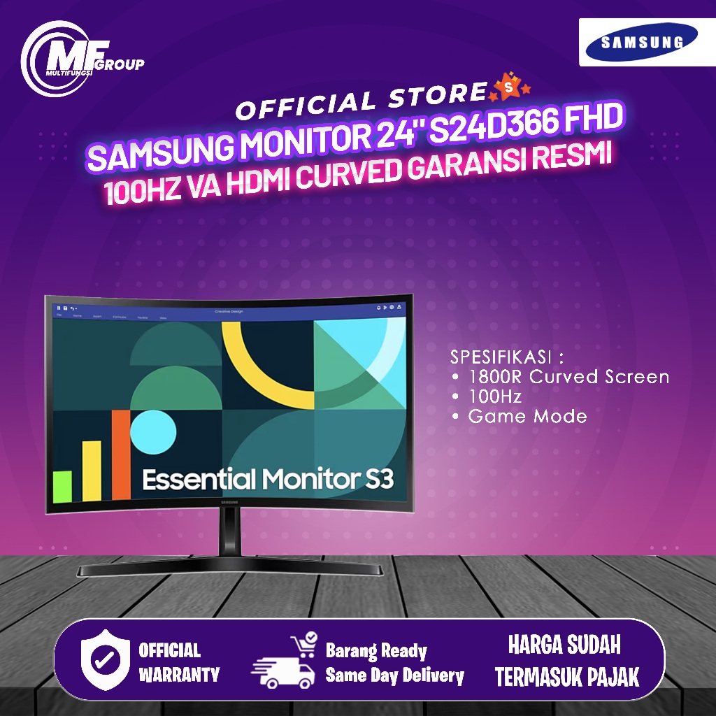 Jual Samsung Monitor 24" S24D366 FHD 100Hz VA HDMI Curved Garansi Resmi ...