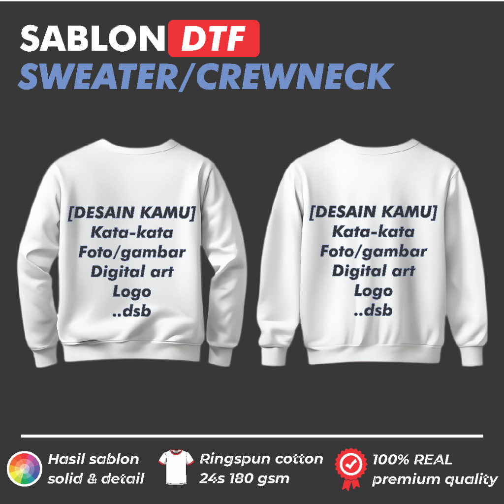 Jual CUSTOM SABLON DTF SWEATER/CREWNECK (S-2XL) | Shopee Indonesia