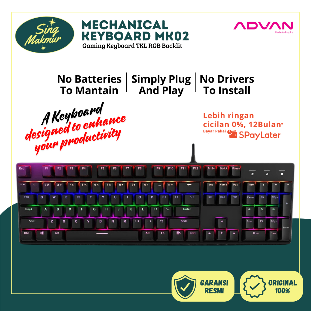 Jual Mechanical Keyboard ADVAN MK02 Gaming Keyboard TKL RGB Backlit ...