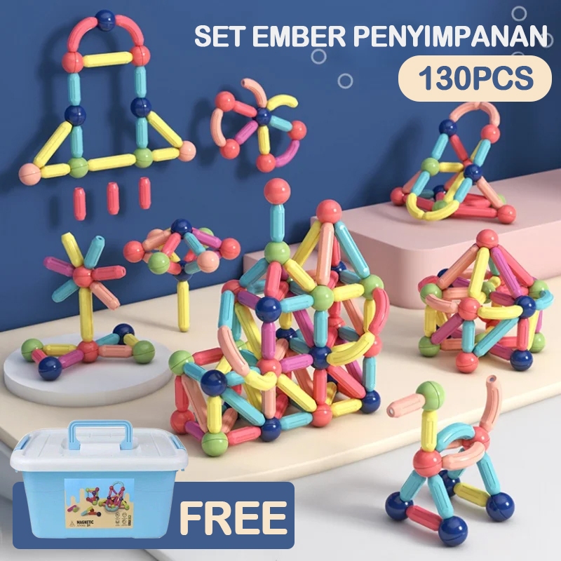 Jual 130pcs DIY Mainan Magnet Stick Balls Magnetic Building Blocks ...