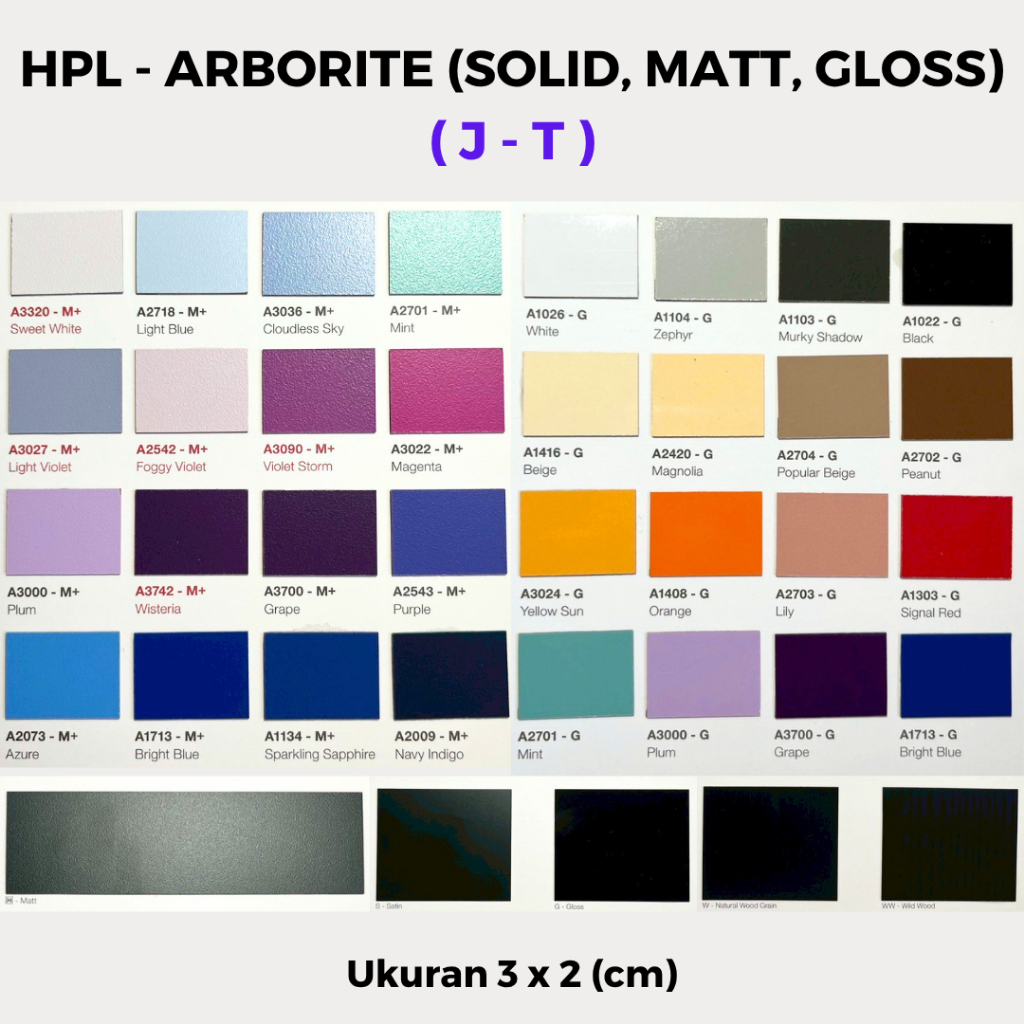 Jual Sample Material HPL ARBORITE Warna Solid Color (J-T) MATT, GLOSSY ...