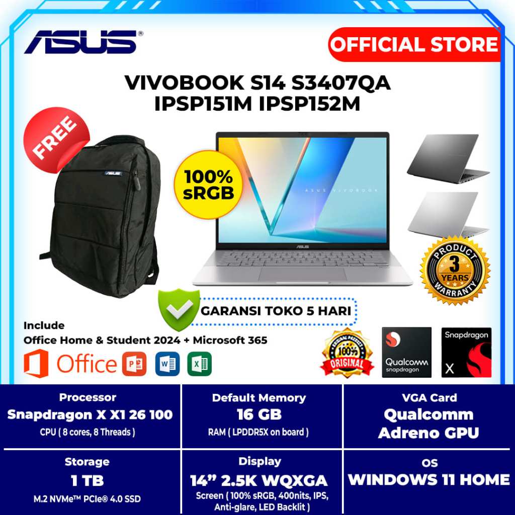 Jual ASUS VIVOBOOK S14 S3407QA IPSP151M IPSP152M SNAPDRAGON X-XI26100 ...