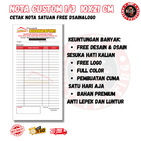 Jual nota custom 1/3 gratis dsain ukuran 10x21 cm nota panjang bon full ...