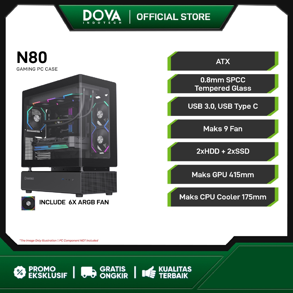 Jual GameMax N80 Mid Tower Wraparound Glass Gaming PC Case BTF Support ...