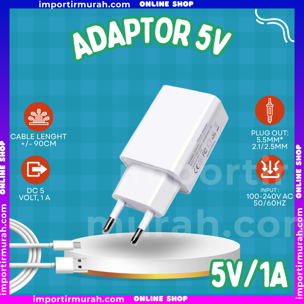 Jual ADAPTOR 5 VOLT 1 AMPERE Panjang 90 cm Berkualitas USB MICRO ...