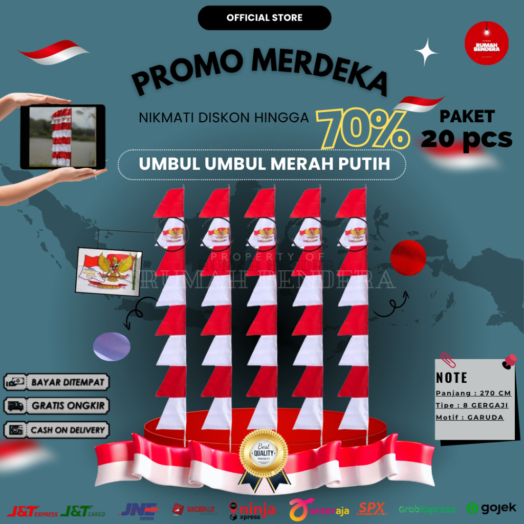Jual PAKET 20 PCS | Bendera Umbul - Umbul Garuda 3 Meter | 8 Mata Gergaji | Warna Merah Putih ...