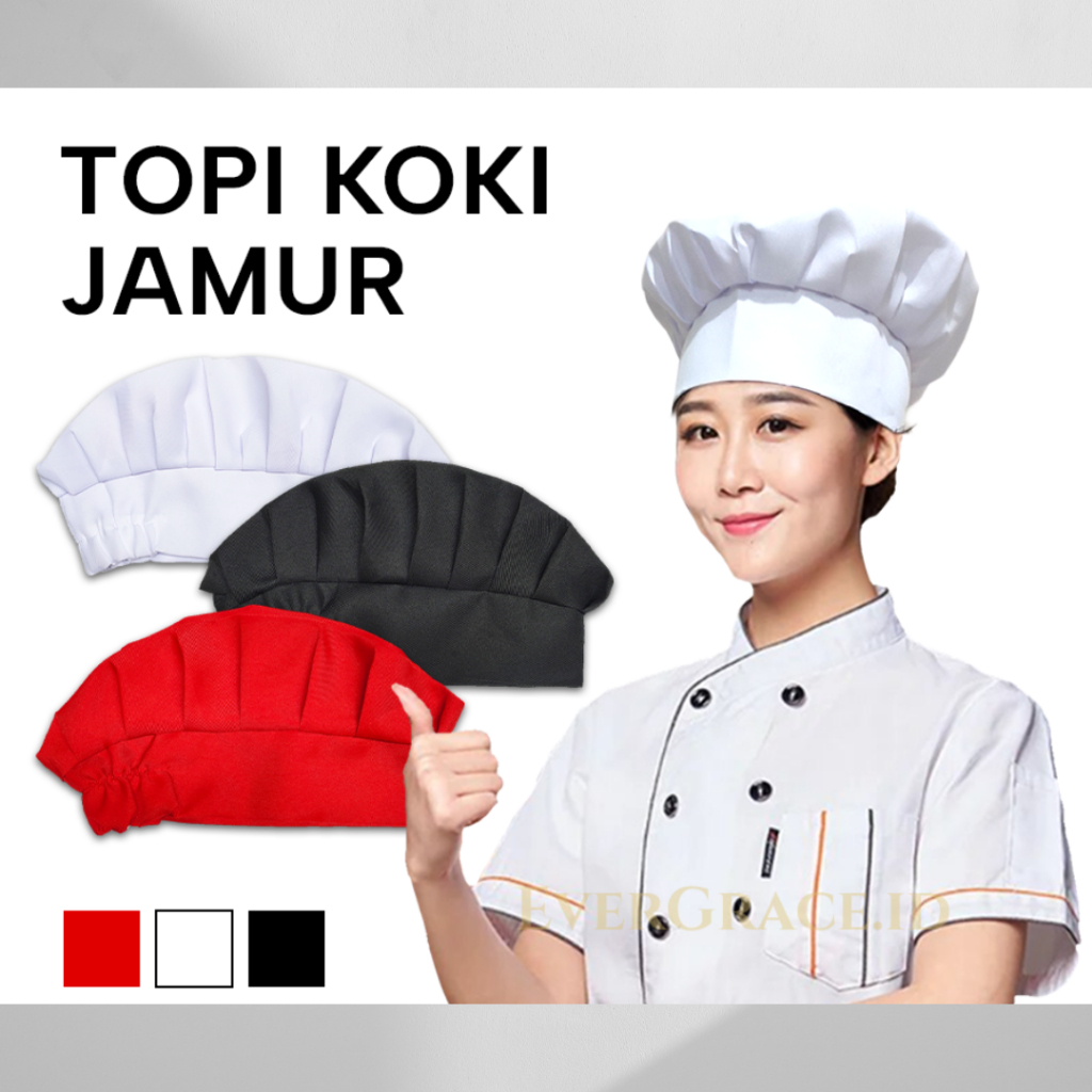 Jual Topi Koki Masak Chef Dapur Jamur Putih Hitam Merah polyester baju koki | Shopee Indonesia