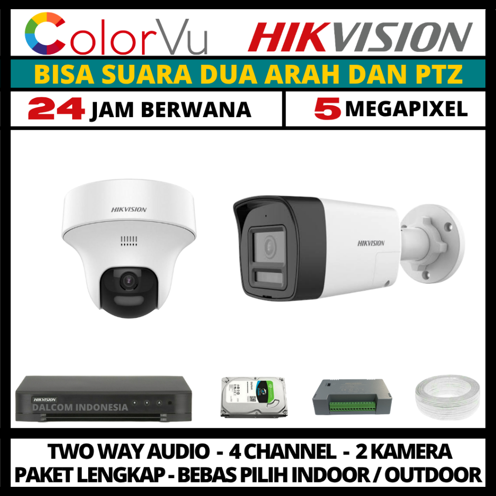 Jual Paket cctv hikvision colorvu 5mp 4 channel 2 kamera ptz two way ...