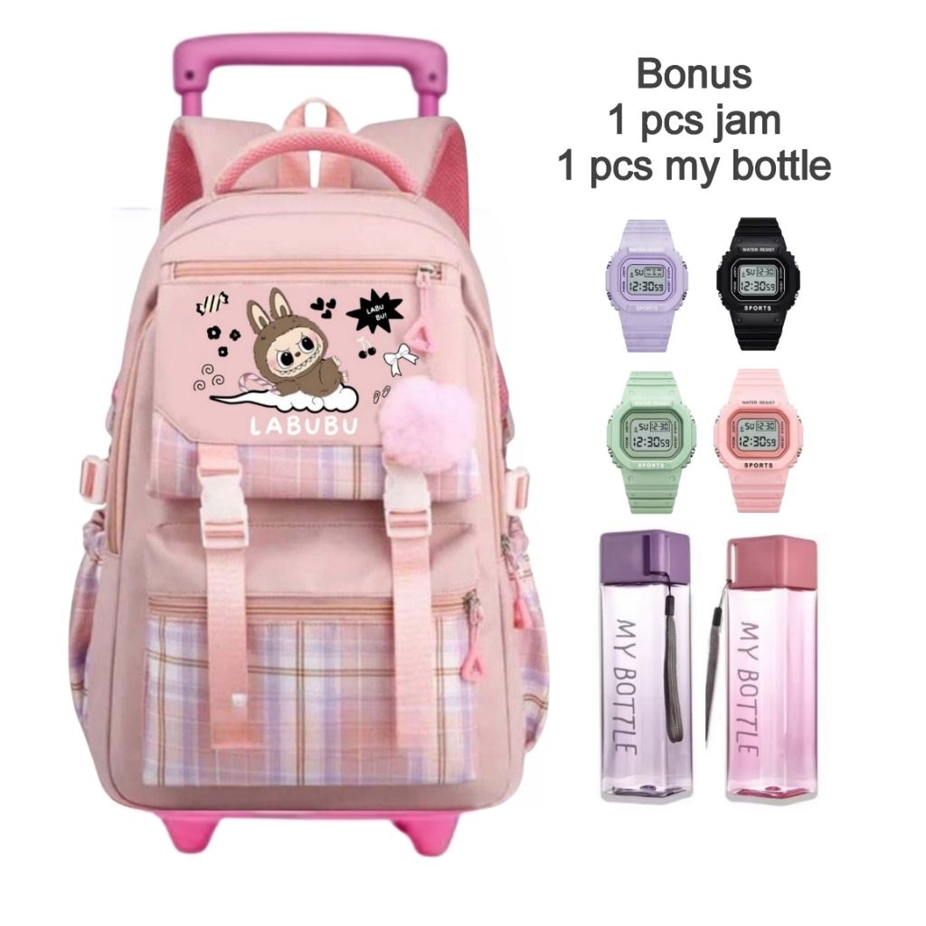 Jual Tas Troli Ransel Trolly anak perempuan Sd Motif Labubu Viral Lucu free botol Dan Jam Tangan ...