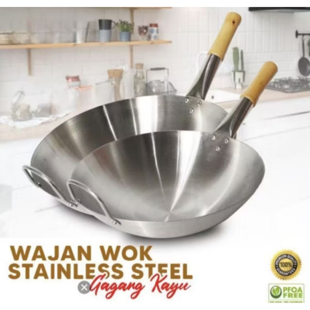 Jual PROMO GANOM Wok Wajan Penggorengan Stainless Gagang Kayu / Kuali ...