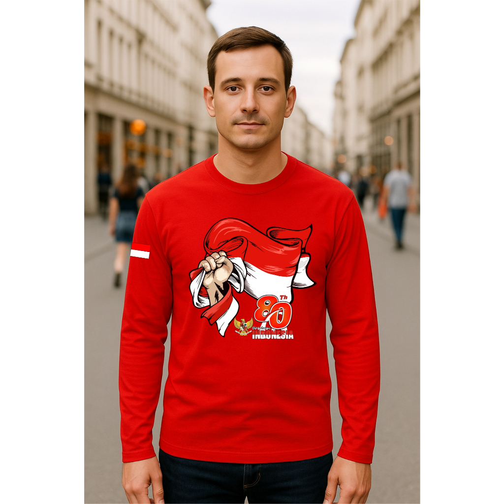 Jual Lengan Panjang Cewe Cowo Hut RI 80 Tangan Kaos Terlaris 17 Agustus 1945 Kemerdekaan ...