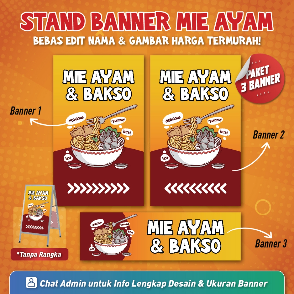 Jual Spanduk / Banner Mie Ayam Bakso Bahan Flexi Outdoor 1 Pack Isi 3 ...