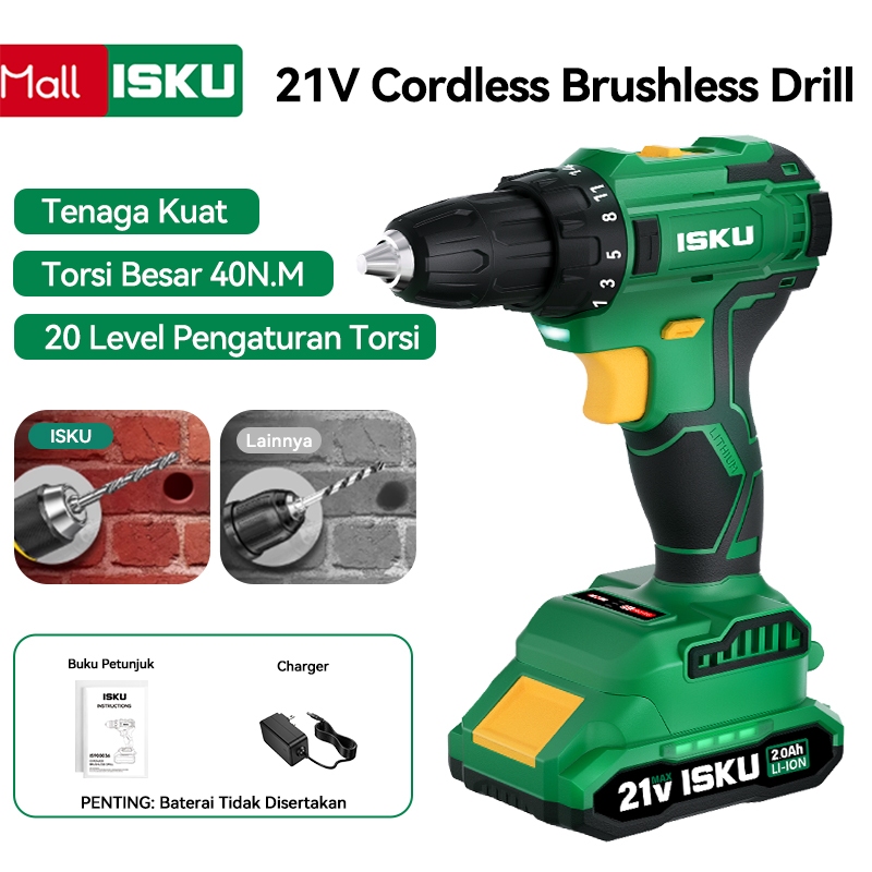 Jual ISKU Motor Tanpa Sikat Bor Listrik 21V Bor Impact baterai Cordless ...