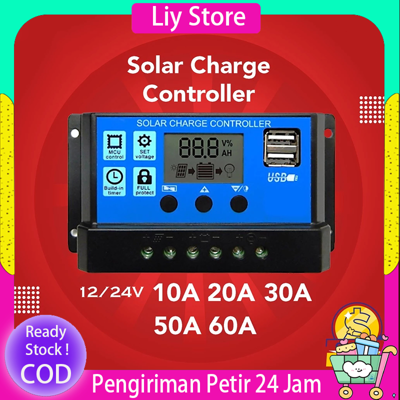 Jual Solar Charge Controller LCD LED Display Solar PWM 12V/24V 10A 20A 30A 50A 60A USB Panel ...