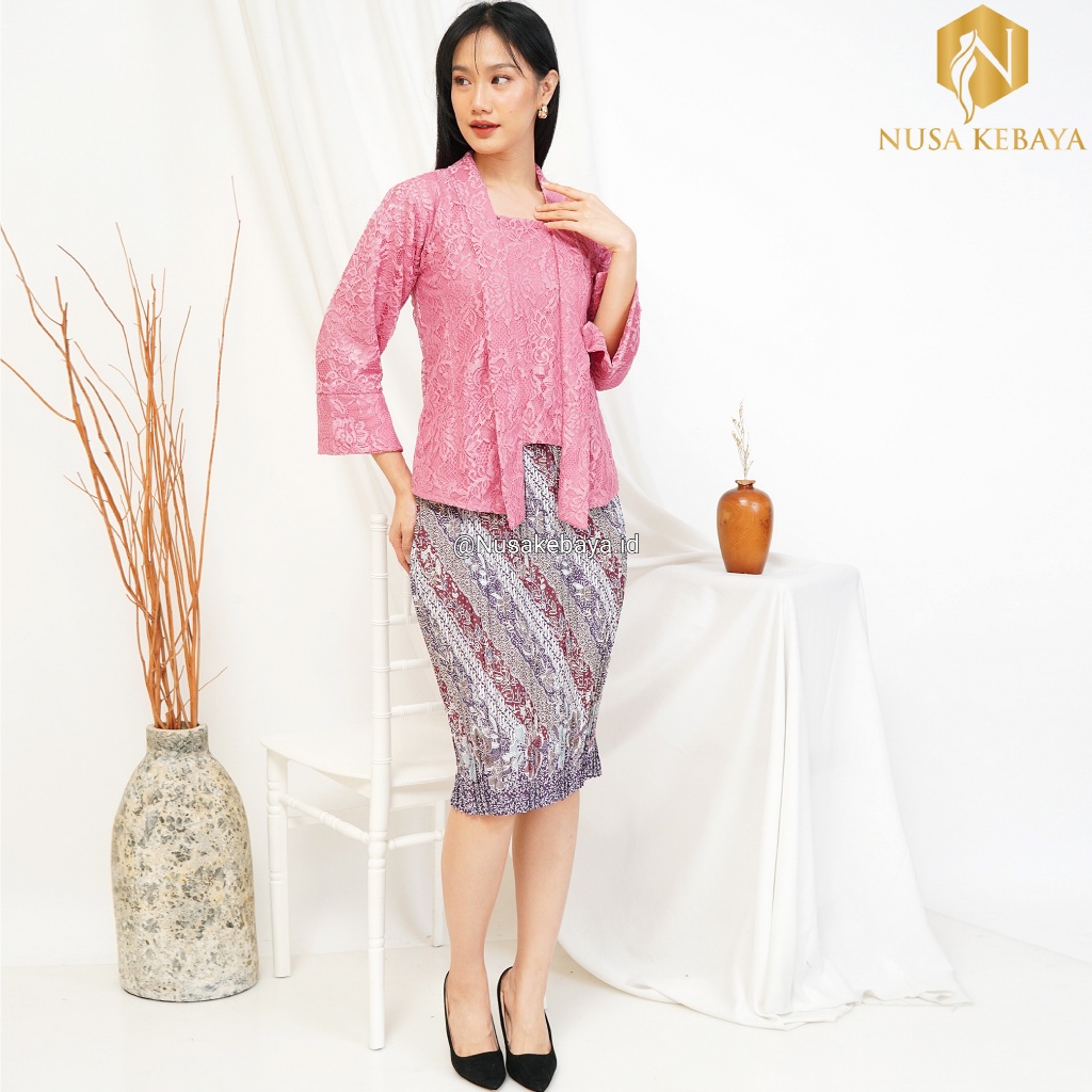 Jual Nusa_Kebaya Setelan Kebaya Kutubaru Brokat Lengan Pendek Mix Rok Plisket Pendek Modern ...