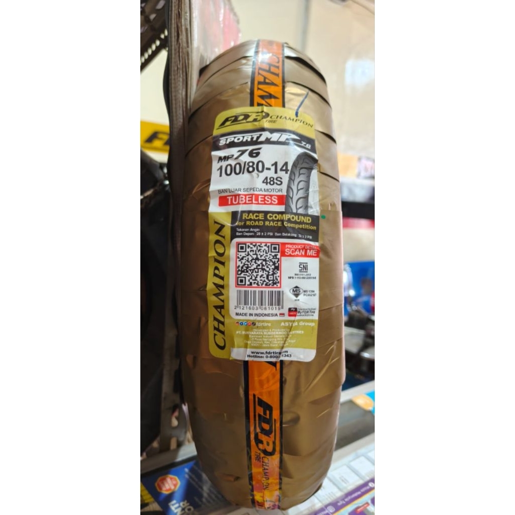 Jual BAN TUBELESS UKURAN 100/80-14 MERK FDR SOFT COMPOUND TIPE MP76 ...