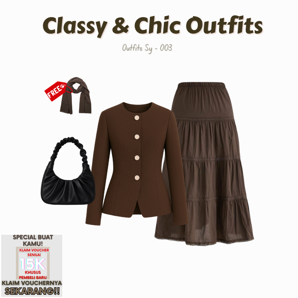 Jual SY - 003 | Outfit Set Wanita ( Long Sleeve Mahogany + Rok Susun + Tas Az Zahra Hitam ) OOTD ...