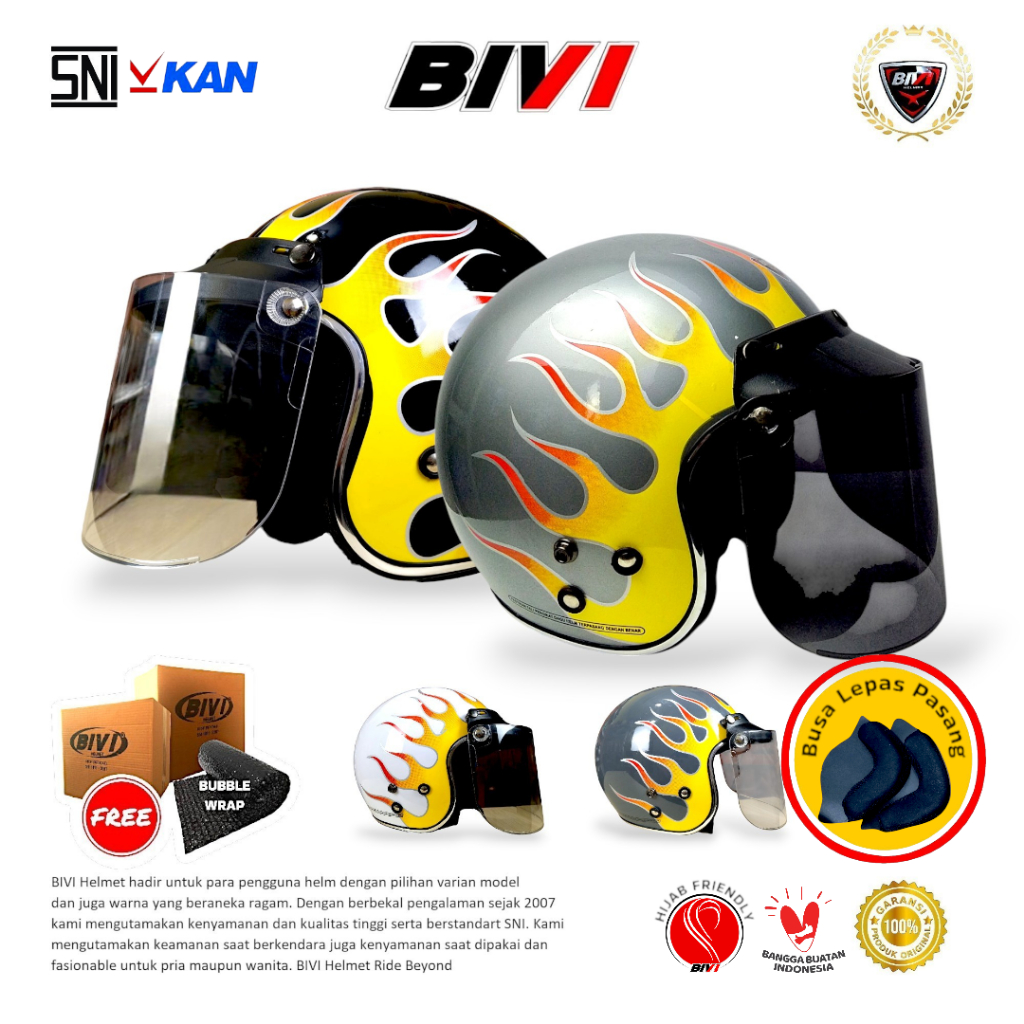 Jual HELM BIVI Bogo Motif Api List Chrome SNI Retro Half Face + Kaca Dewasa Pria Wanita | Shopee ...