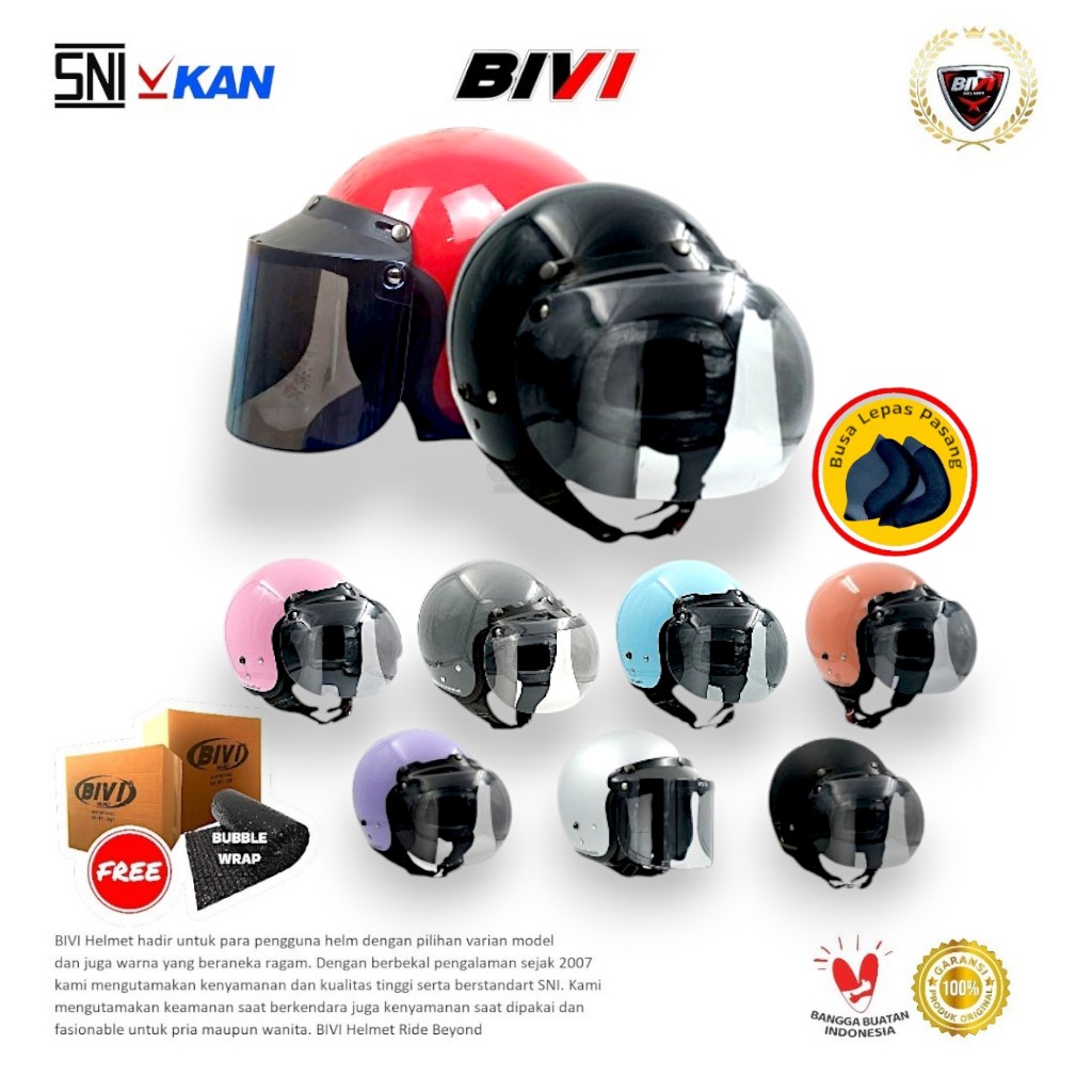 Jual HELM BIVI Bogo CG Solid Polos Kaca SNI Half Face + Kaca Pria Wanita Hijab | Shopee Indonesia
