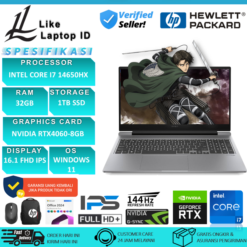 Jual Laptop Gaming HP Omen 16 Intel I7 14650HX 32GB DDR5 1TB RTX4060-8GB 16.1 FHD IPS 144HZ BL ...