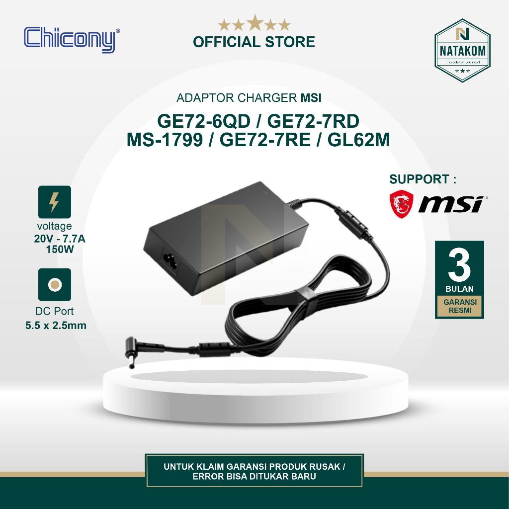Jual ADAPTOR CHARGER CHICONY FOR MSI GE72-6QD GE72-7RD MS-1799 GE72-7RE GL62M 7.7A 150W FREE ...