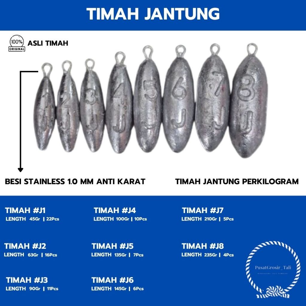 Jual Timah Jantung / Timah Pemberat Pancing Jaring BAGUS Ukuran J1-J8 ...