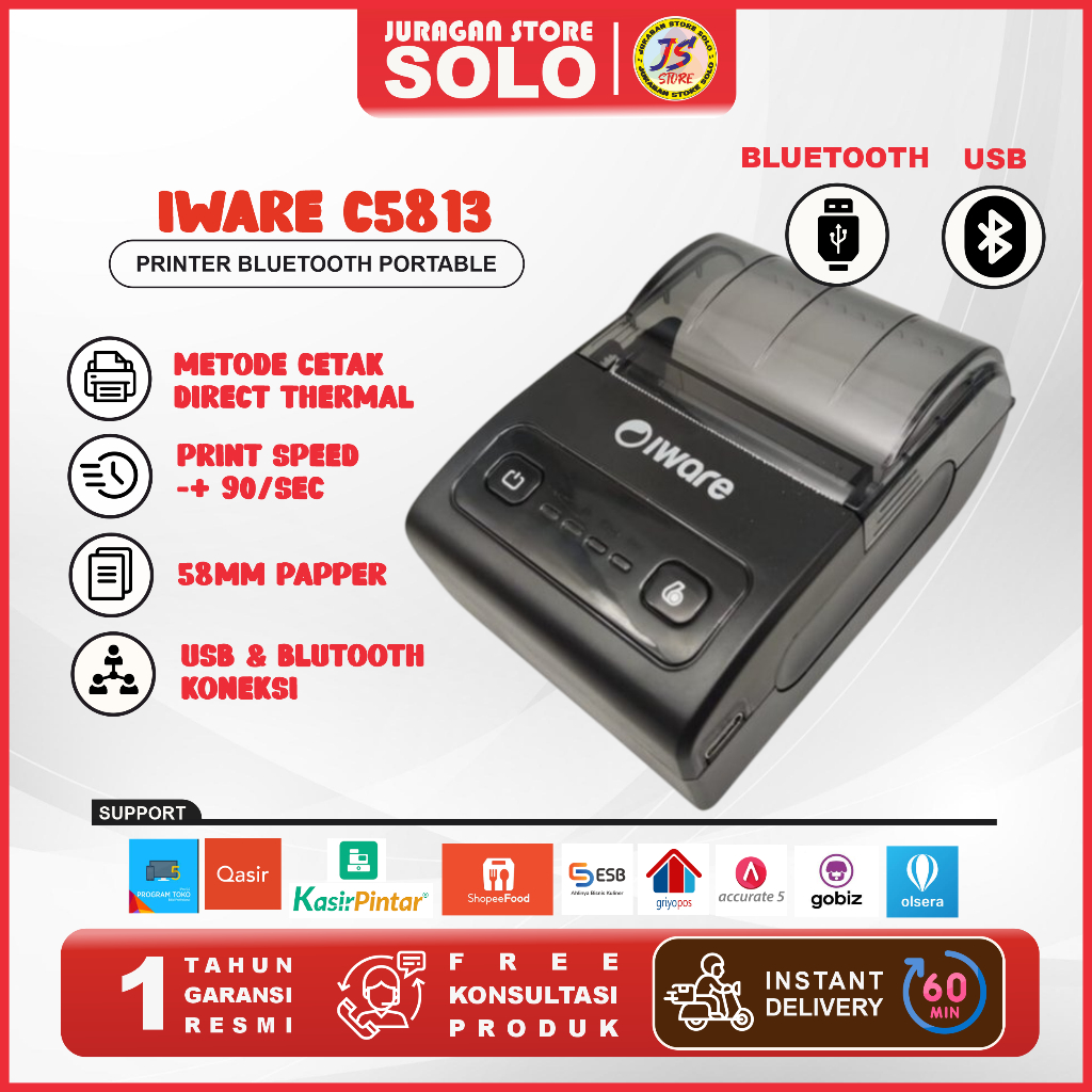 Jual Mobile Mini Printer Bluetooth Thermal Baterai 58mm Iware C5813 ...