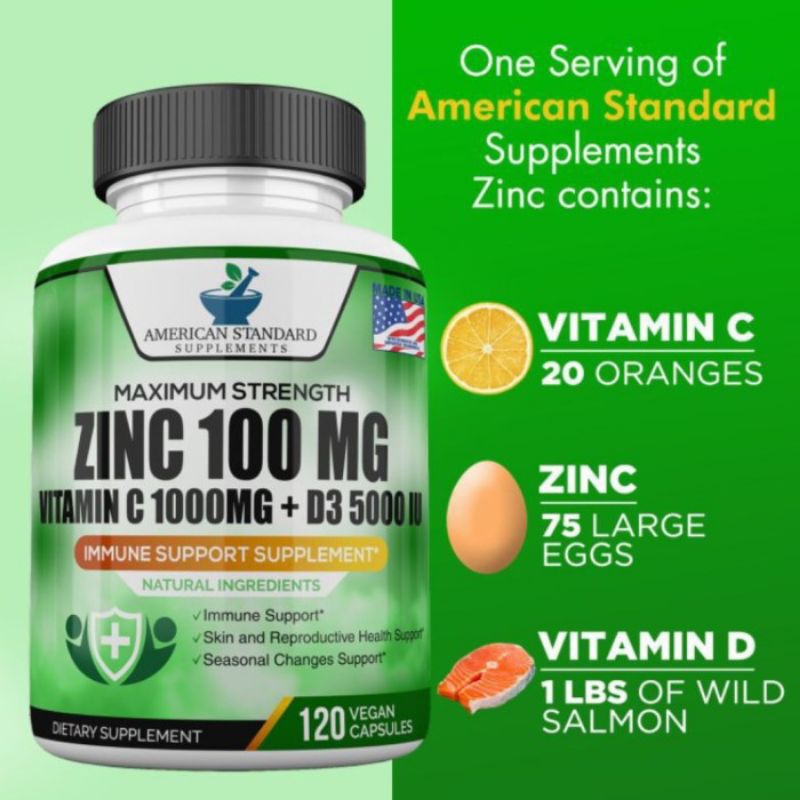 Jual Zinc 100mg Vitamin C 1000mg Vitamin D3 5000iu American Standard 100 % | Shopee Indonesia